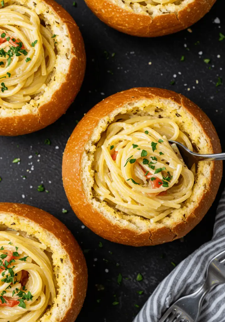 Spaghetti Garlic Bread Bowls - Paulacooks