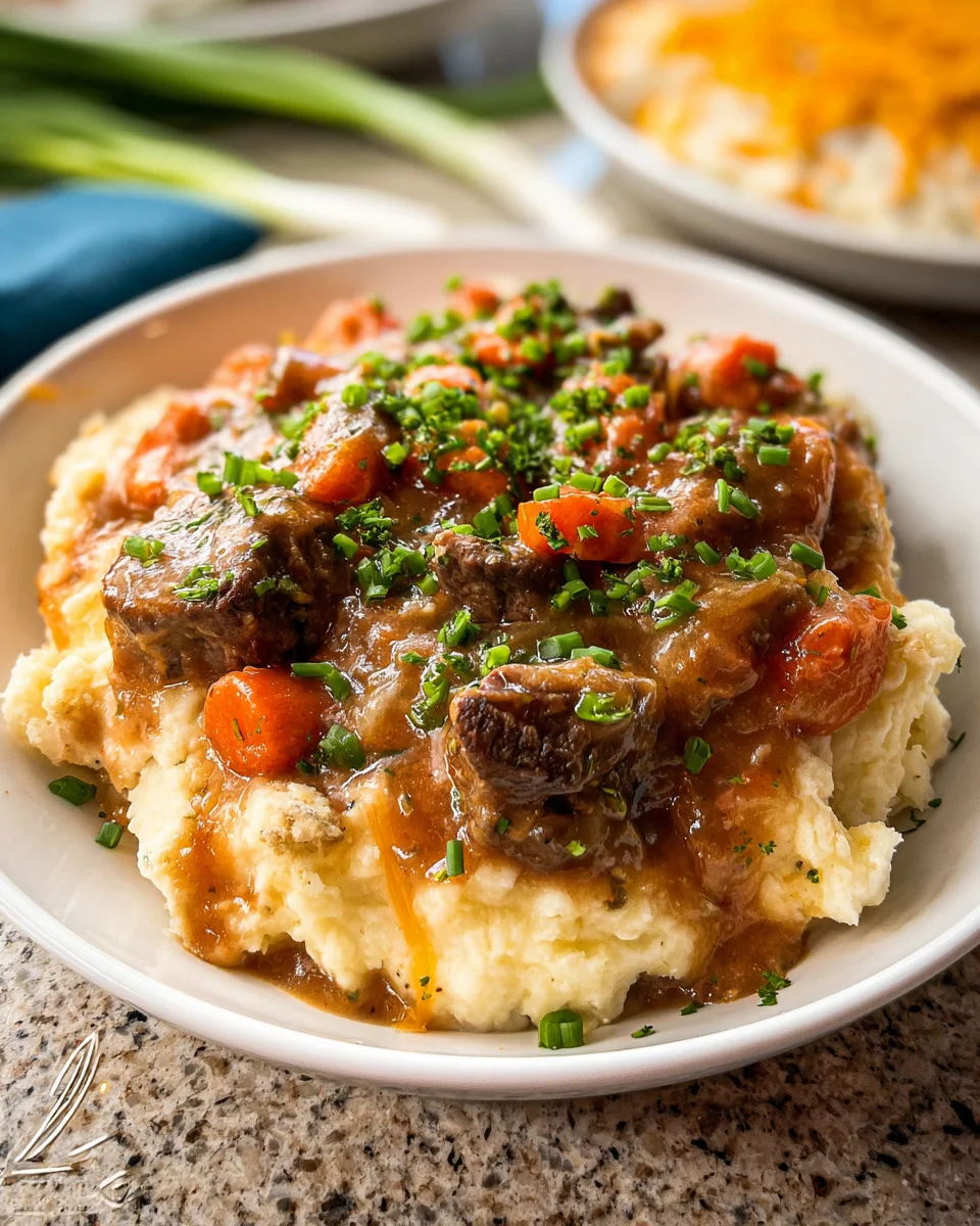 Fall Apple Cider Stew over Mashed Potatoes
