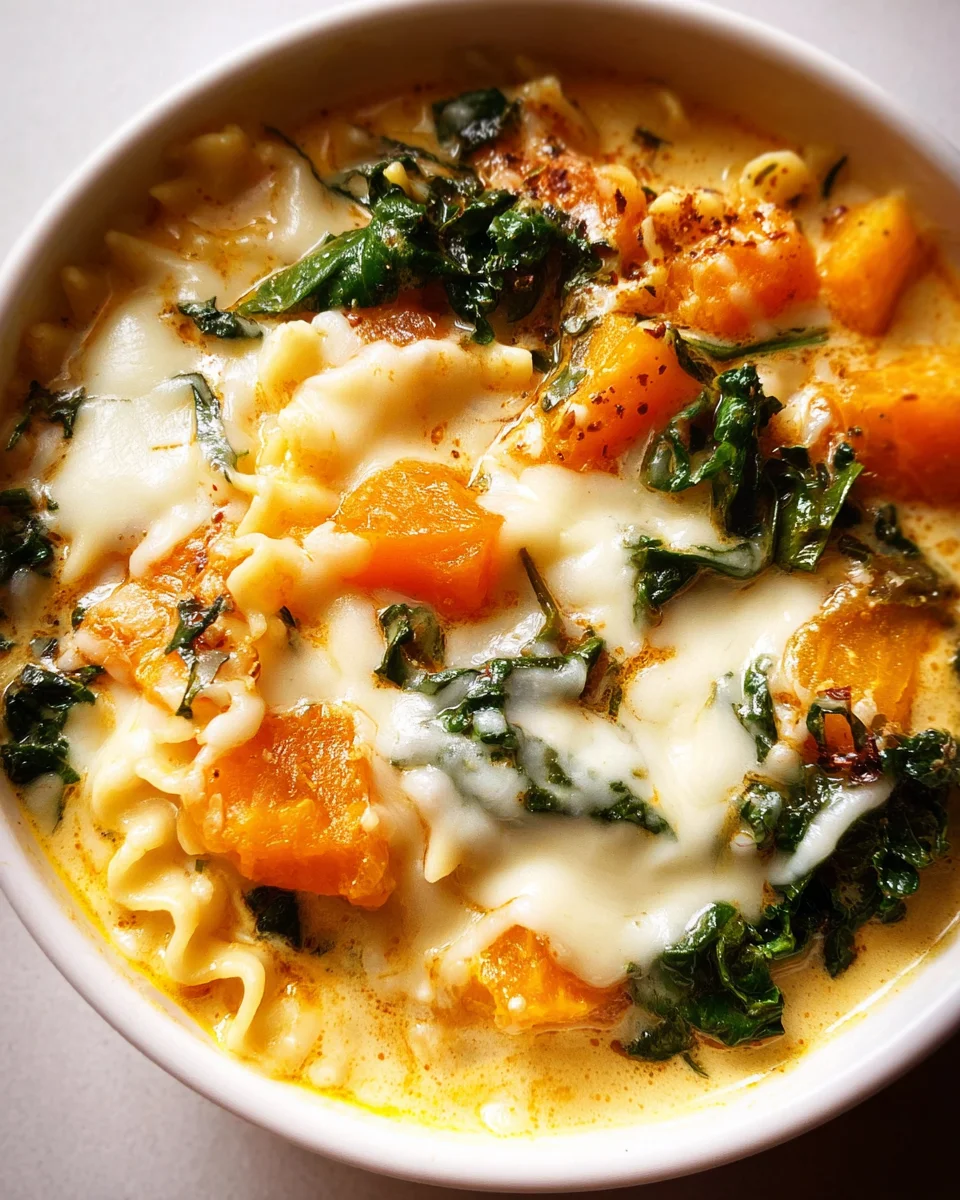 Butternut Squash Lasagna Soup with Kale & Mozzarella