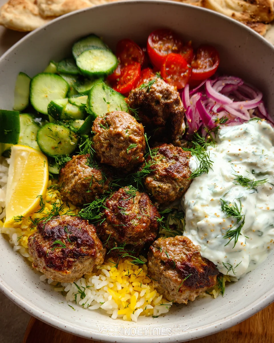 Gyro Bowls (Meatballs with Tzatziki, Lemon Rice, and Cucumber Salad)