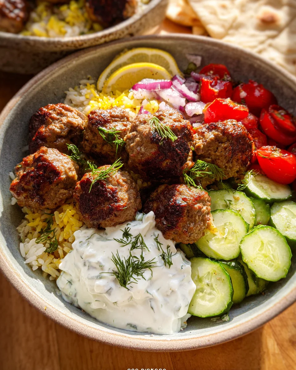 Gyro Bowls (Meatballs with Tzatziki, Lemon Rice, and Cucumber Salad)