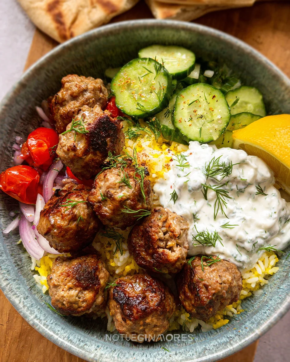 Gyro Bowls (Meatballs with Tzatziki, Lemon Rice, and Cucumber Salad)