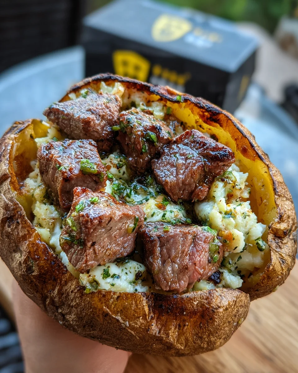 Grilled Steak Bite Loaded Baked Potatoes with Garlic Herb Butter